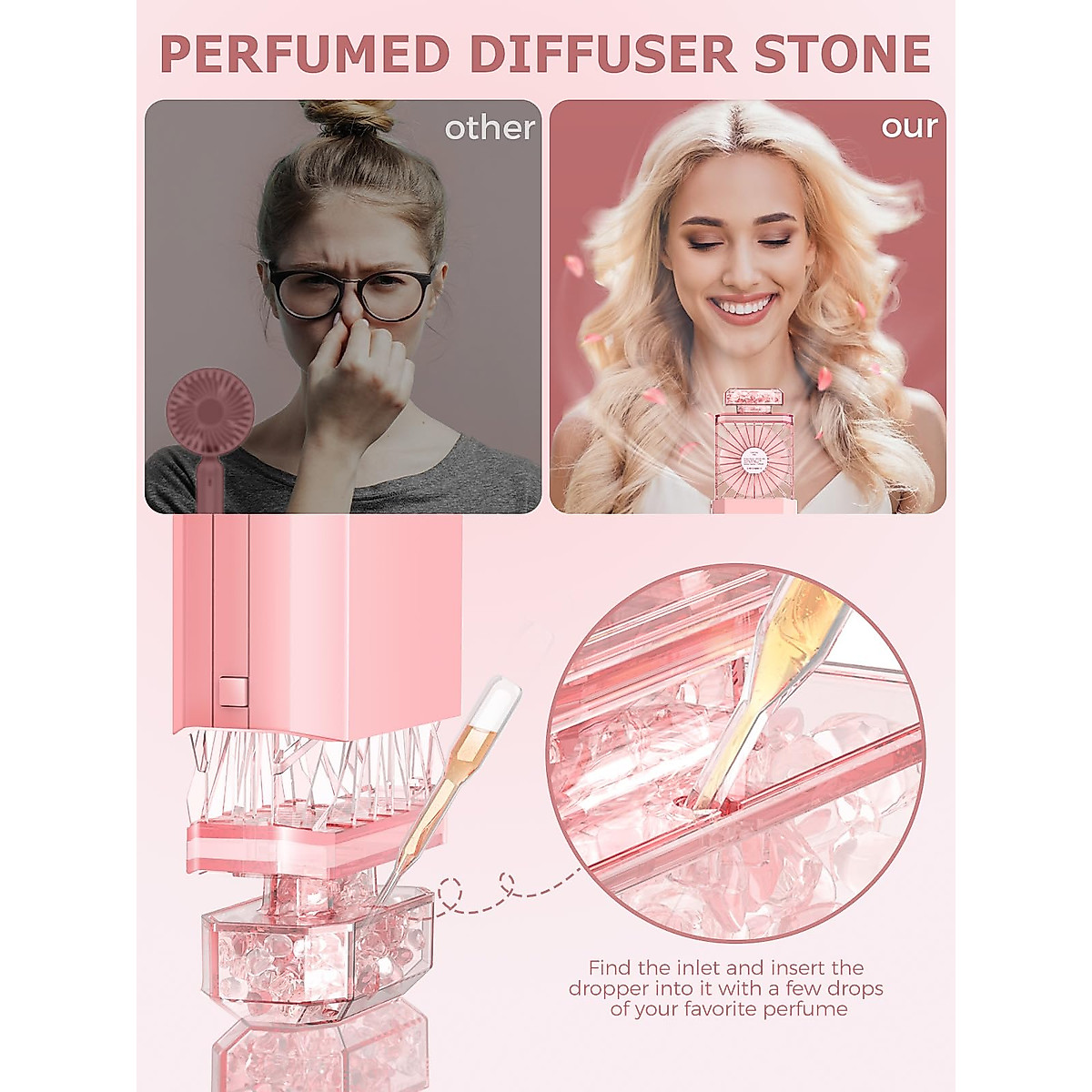 JENTXON Lady Handheld Fan, Rechargeable Small Personal Fan with 3 Speeds Setting, Powerful Quiet Pull-out Portable Fan, Mini Cooling Electric Fan for Girls Woman Office School Working Home - Pink