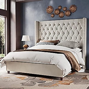 Jocisland Queen Size Upholstered Bed Frame 61.4" High Headborad Velvet Tufted Handmade Pleat Deep Button/Cream