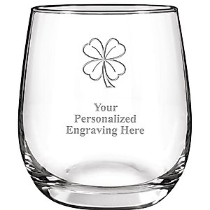 Four Leaf Clover Personalized Stemless Wine Glasses, 8.8 oz Laser Engraved Custom St. Patrick's Day Wine Glass Gift, Engraving Included