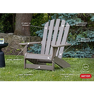 Keter Tahoe Adirondack Chair with Weatherproof Finish, Outdoor Furniture for Entertaining by The Pool, Patio, and Fire Pit, Easy Assembly for Sturdy and Steady Outdoor Seating, Weatherwood
