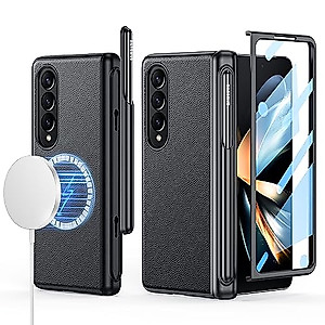 Libeagle Compatible with Samsung Galaxy Z Fold 4 Case, Support All Magsafe Accessories, Leather Back, Removable S Pen Holder on Hinge Protection, Screen Protector, Magnetic Cover 5G 2022 - Black