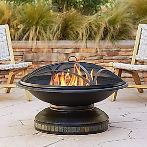 Bristol Black Iron Outdoor Fire Pit Round 35" Steel Mesh Wood Burning with Spark Screen and Fire Poker for Outside Backyard Patio Camping Deck - John Timberland