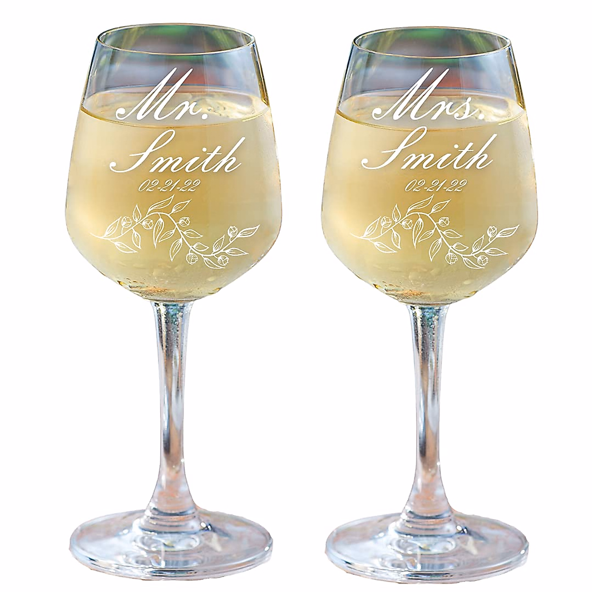 Personalized 11 oz. Wine Glasses | Set of 2 | Wedding Theme | Fully Customizable Designs | Clear Glass | Gift for weddings, anniversaries, birthdays, or housewarming