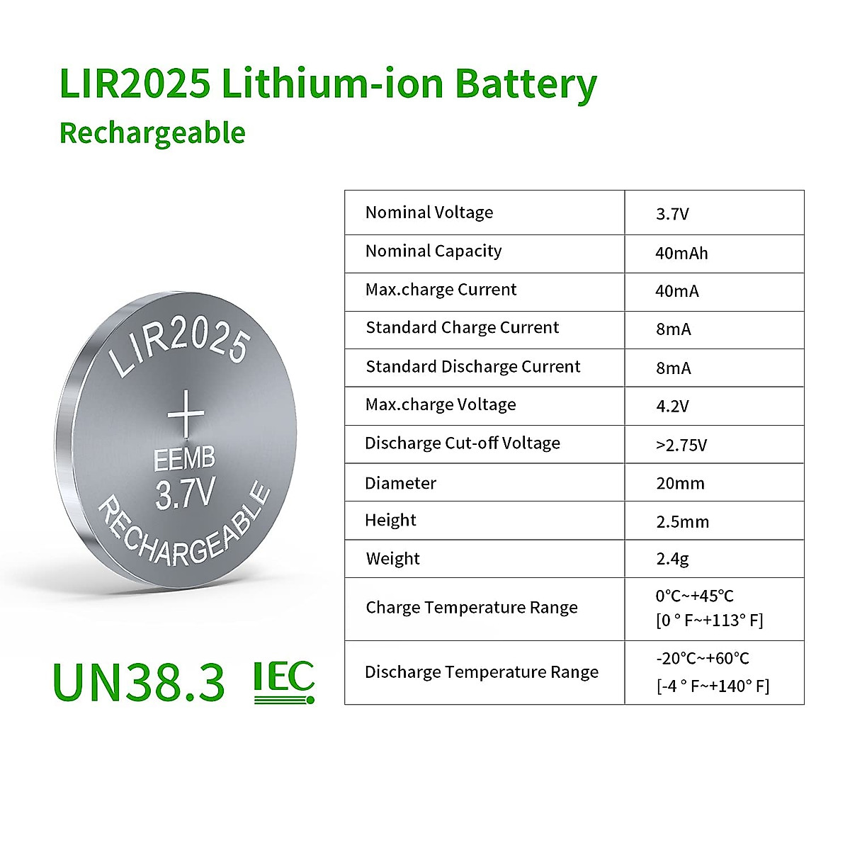 EEMB LIR2025 Rechargeable Li-ion Battery Charger with 4PCS 3.7V Lithium-ion Coin Button Cell Batteries 40mAh