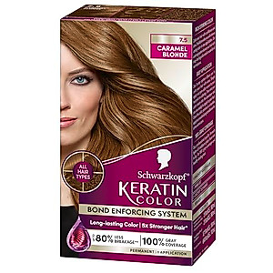 Schwarzkopf Keratin Color Permanent Hair Color, 7.5 Caramel Blonde, 1 Application Professionally Inspired Permanent Hair Dye for up to 80% Less Breakage vs Untreated Hair and up to 100% Gray Coverage