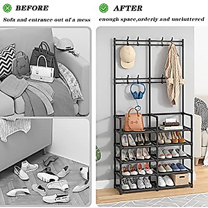 Laiensia 5-Tier Entryway Coat Rack, Coat and Shoe Rack, Entryway Bench Storage Organizer with 8 Hooks for Bedroom, Hallway, Office, Black