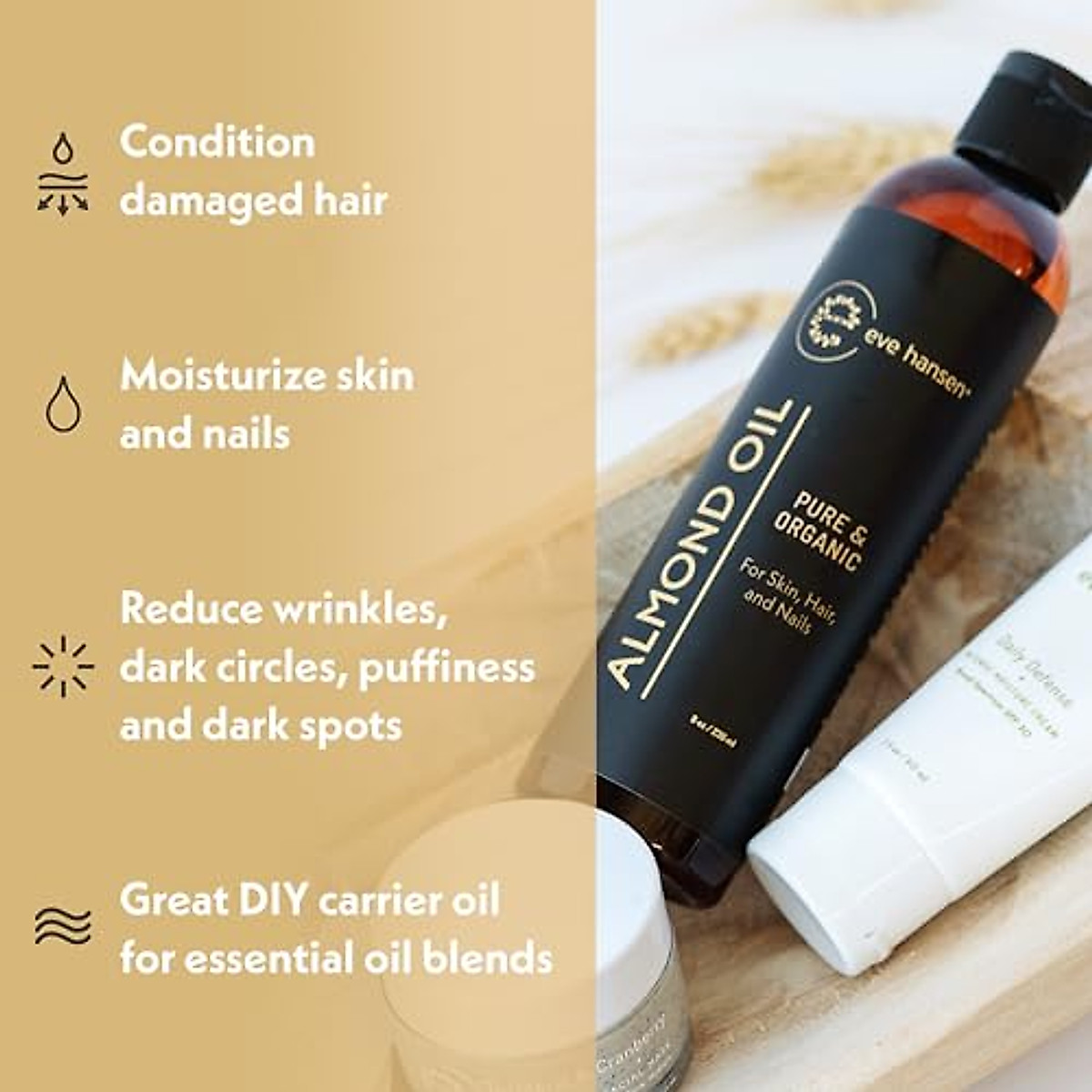 Eve Hansen Organic Sweet Almond Oil for Skin | (8 oz) Hair Growth Oil, Body Oil for Dry Skin, Carrier Oil for Essential Oils | Massage Oil, Organic Face Moisturizer for Skin, Hair Oil and Nail Oil