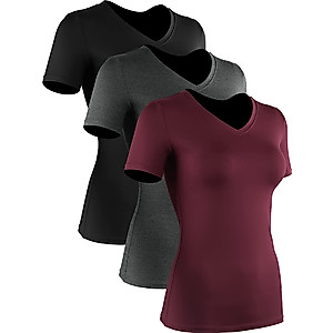 CADMUS Workout t-Shirts for Women Quick Dry Gym Shirts V-Neck, Black, Grey, Wine Red, Large