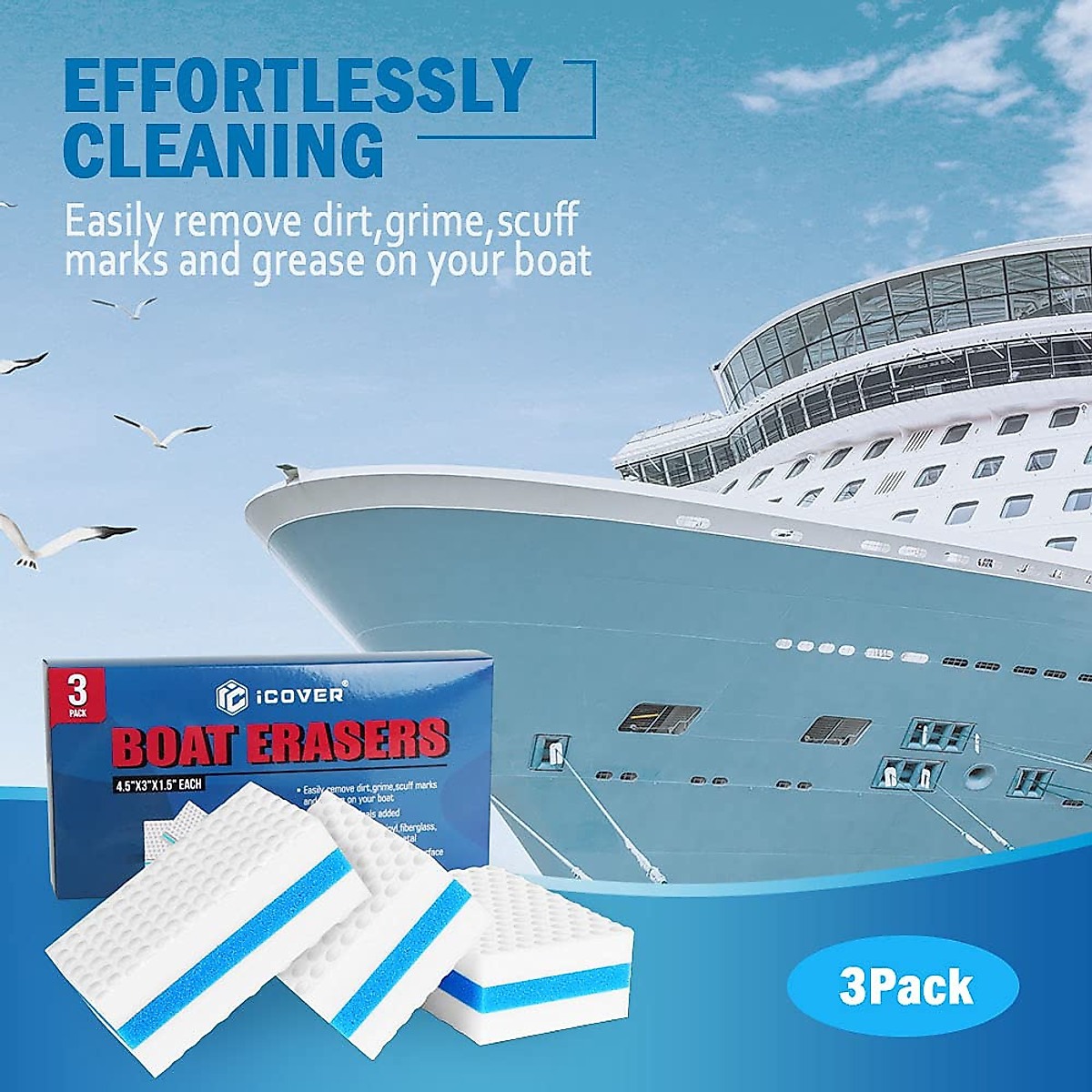 i COVER Boat Scuff Erasers - Magic Boat Sponge for Cleaning Mark Dirt Long-Lasting Marine Boat Cleaner Accessories, 3 Pack