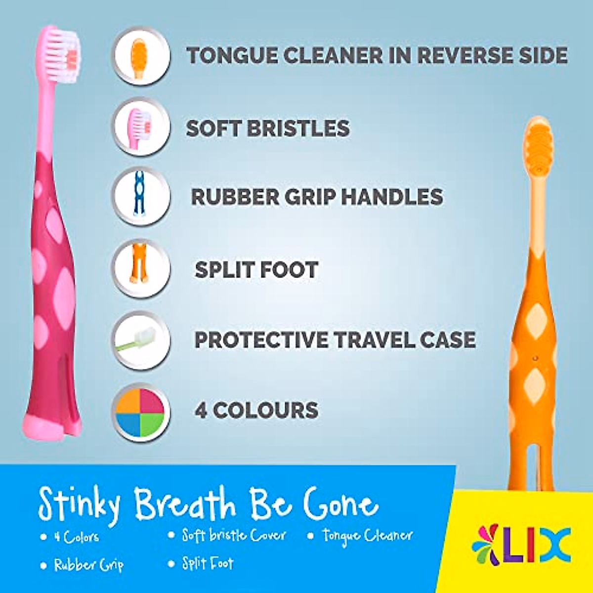 55Dental Kids Toothbrush Set of Soft Giraffe Toothbrush for Kids 3-12. Easy-Grip, Bristle Cover, Self-Standing & Splited Bottom for Cup Rim. by Lix, 4 Colors