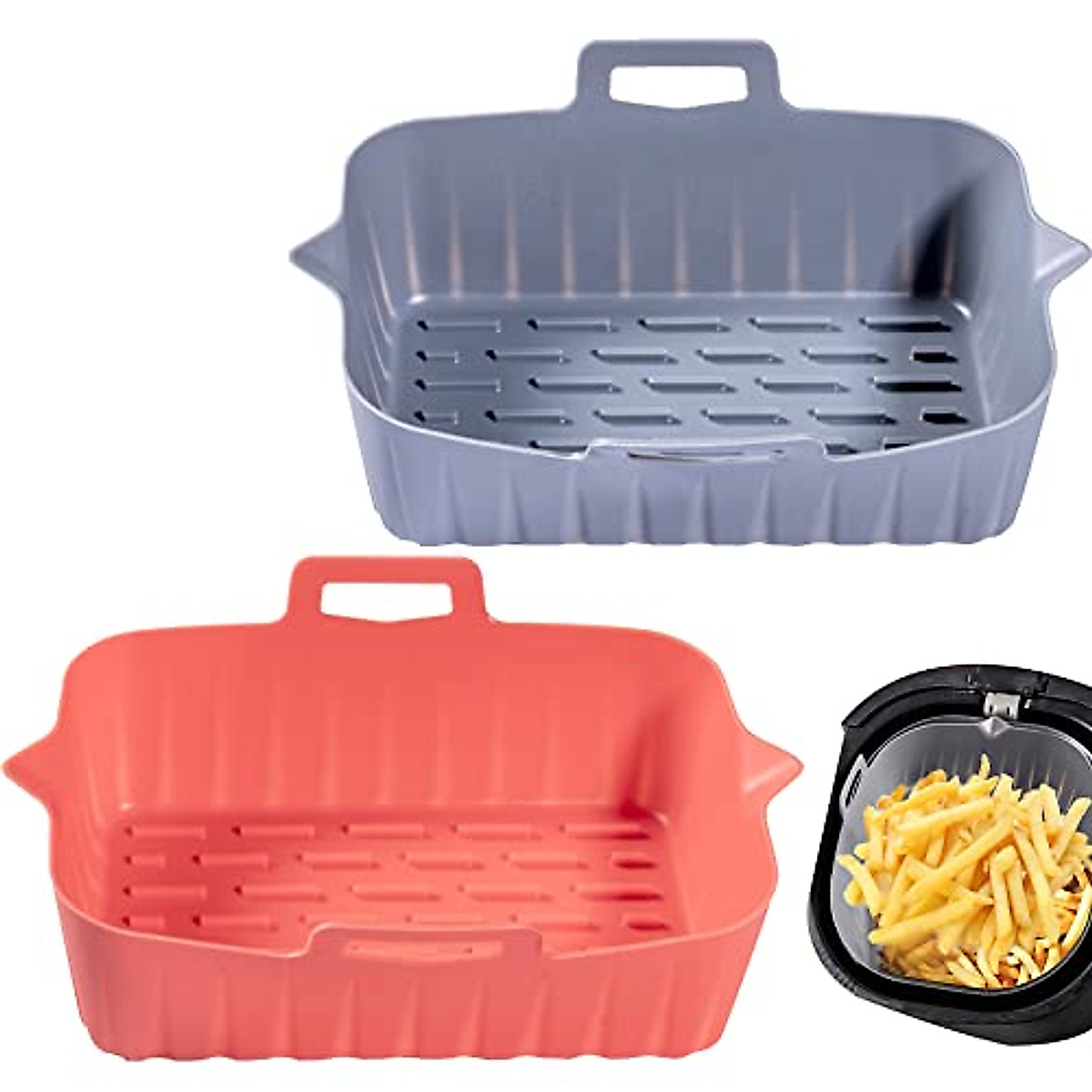 2Pcs Air Fryer Silicone Liners, Reusable Air Fryer Rectangular Pot, Fit for 8QT Air Fryer, Easy Cleaning (Red+Gray)