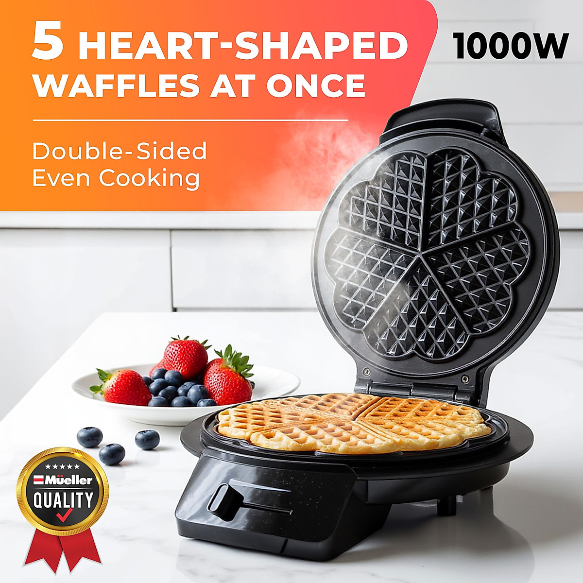 Mueller Heart Waffle Maker, 5 Belgian Waffle Iron, Adjustable Browning Control, Cool Touch Handle, Compact and Easy to Clean, Great Valentines Day Gift