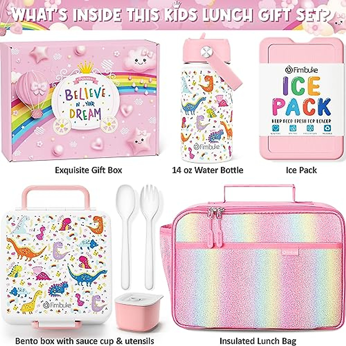 Fimibuke Kids Bento Lunch Box with 4 Compartments, Insulated lunch Bag, Stainless Steel Insulated Water Bottle, Ice Pack & Utensils, Birthday Gifts for Ages 3-12 Back to School Toddler Girls Boys