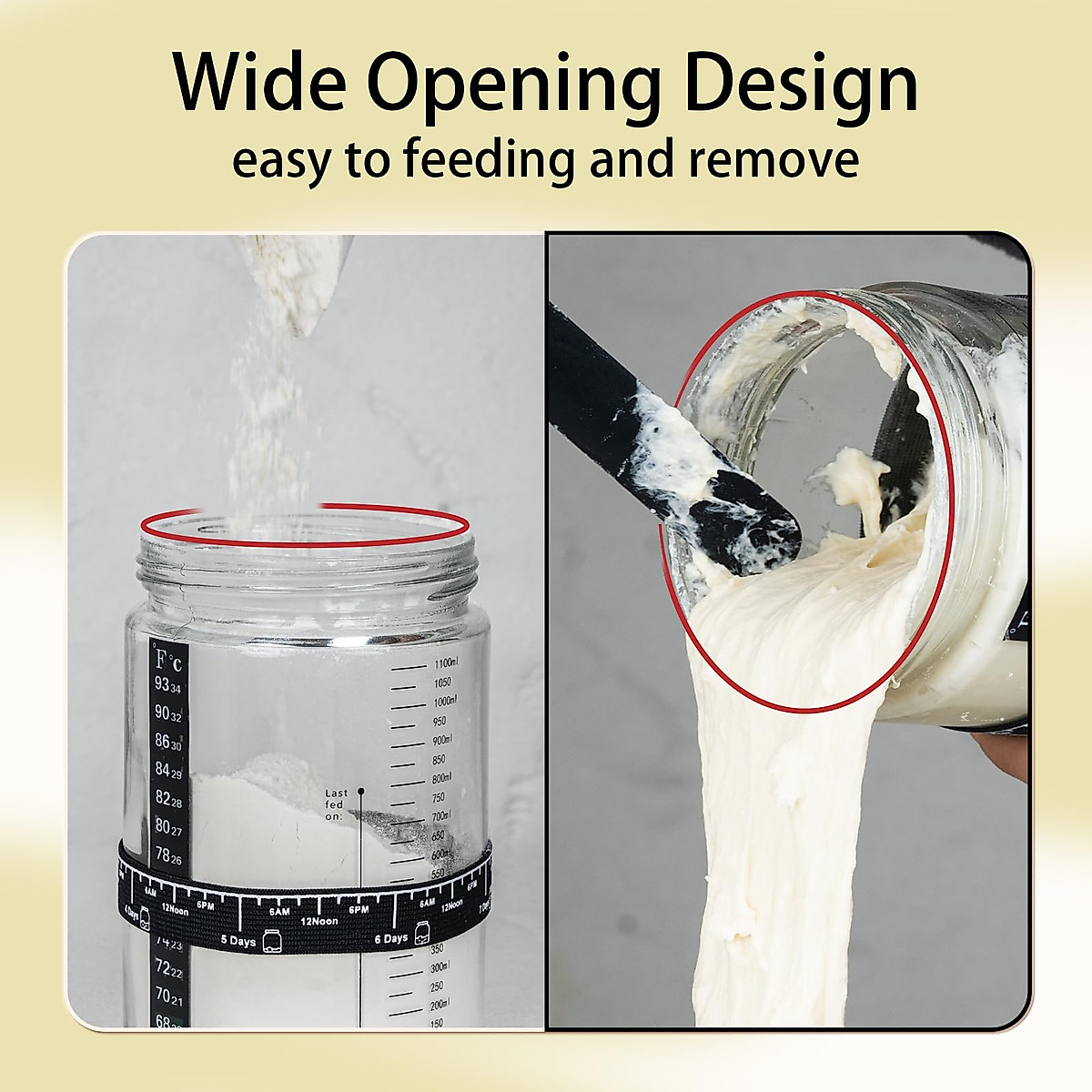 Nolniu Sourdough Starter Jar, 42 oz Large Capacity Sourdough Starter Jar with Date Marked Feeding Band, Sourdough Jar Scraper, Cloth Cover & Metal Lid, Sourdough Starter Kit