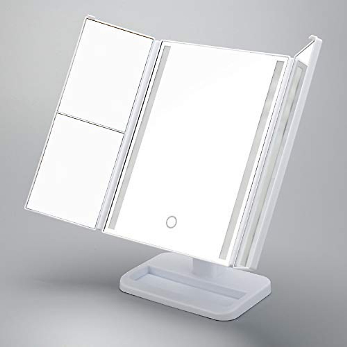 KXA Tri-Fold Vanity Mirror, 24 LED Lighted with Touch Screen 1X/2X/3X Magnification and USB Charging Adjustable Brightness and Stand for Makeup