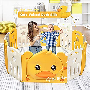HONEY JOY Baby Play Yard, 12 Panel Psyduck Foldable Baby Gate Playpen, Anti-Slip Rubber Base & Suction, Indoor Safety Baby Fence for The House, Extra Large Anti-Fall Play Pen for Toddler