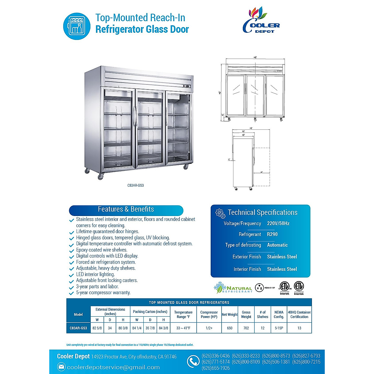 Commercial Refrigerator Glass 3-Door Merchandiser Display Cooler Fridge Stainless Steel Case NSF, Bottom-Mounted 83 inches width, capacity 65 cuft 110V, Restaurant Kitchen Cafe C83RG