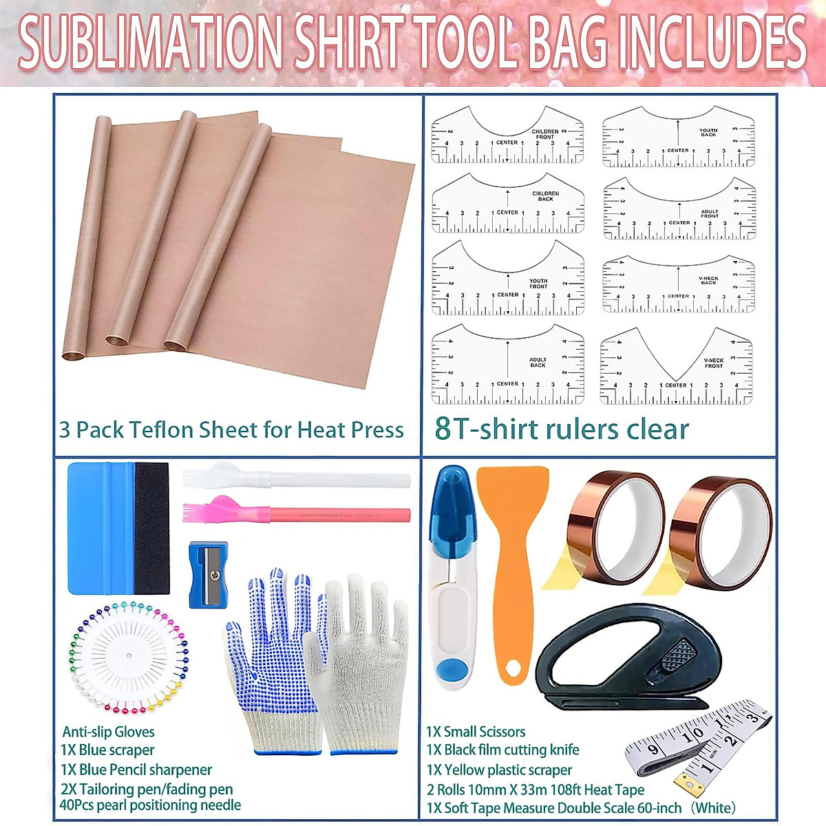 XEUZK Sublimation Shirts Tool Kits with 8 T Shirt rulers, 3Pack Teflon Sheet for Heat Press 12 x 16in, Heat Resistant Gloves with Silicone Bumps, 2 Rolls Heat Resistant Tape, 2Pcs Sublimation Pencil