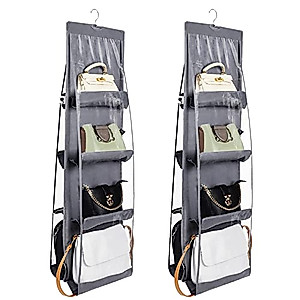 Ceuku Hanging Handbag Organizer 2 Pcs Hanging Purse Organizer with 8 Easy Access Pockets Dustproof Hanging Bag Organizer for Purse Handbag, Purse Organizer for Closet Space Saving Grey 46” L x 13.8” W