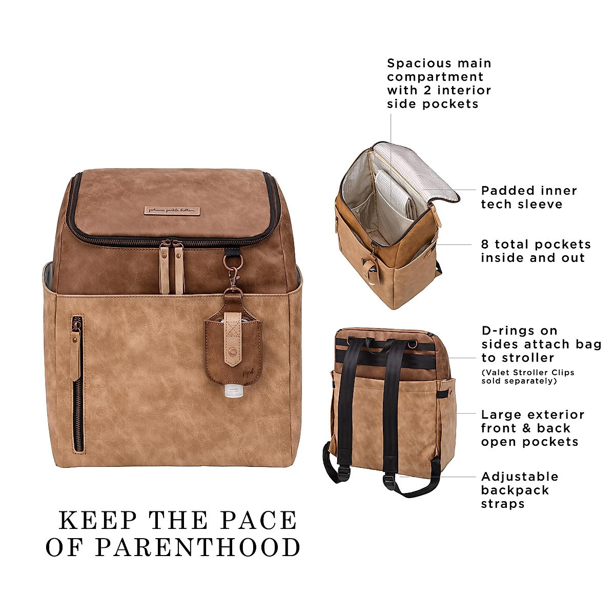 Petunia Pickle Bottom Tempo Backpack, Designed for Busy Families, Attaches to Stroller or Suitcase, Spacious Main Compartment, Brioche