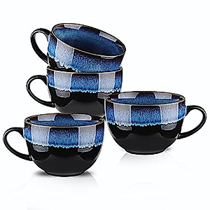 KOOV Ceramic Soup Mug, Soup Bowls with Handles Microwave Safe, 24 Ounce Jumbo Mug and Cereal Mugs Set of 4, Reactive Glaze (Nebula Blue)