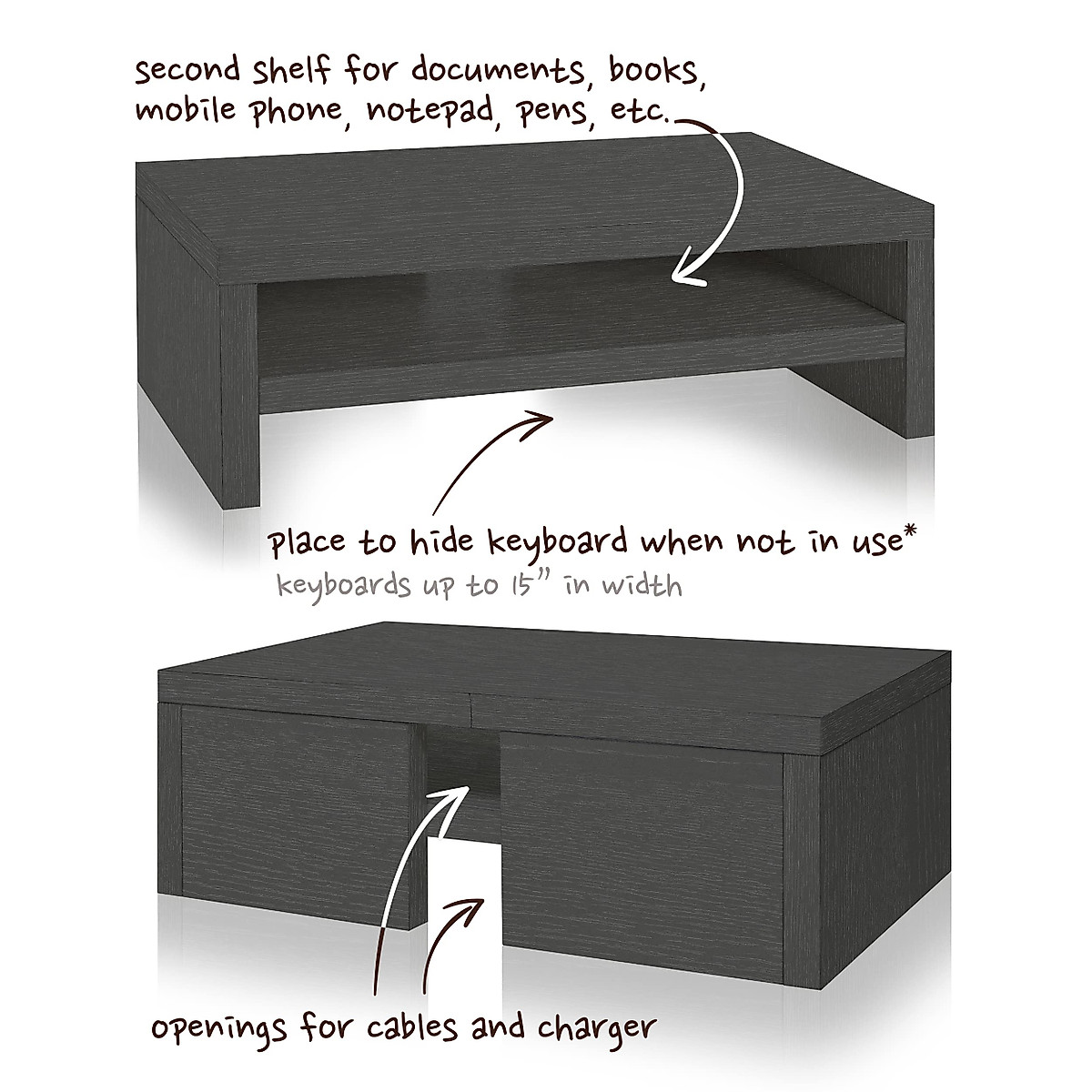 Way Basics Monitor Stand for Office Gaming Desk Laptop PC Riser - 2 Tier (Charcoal Black)