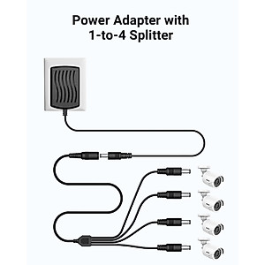 ANNKE Security Power Adapter Supply AC to DC 12V2A and 1-to-4 Splitter Power Cord for CCTV Surveillance Camera DVR System