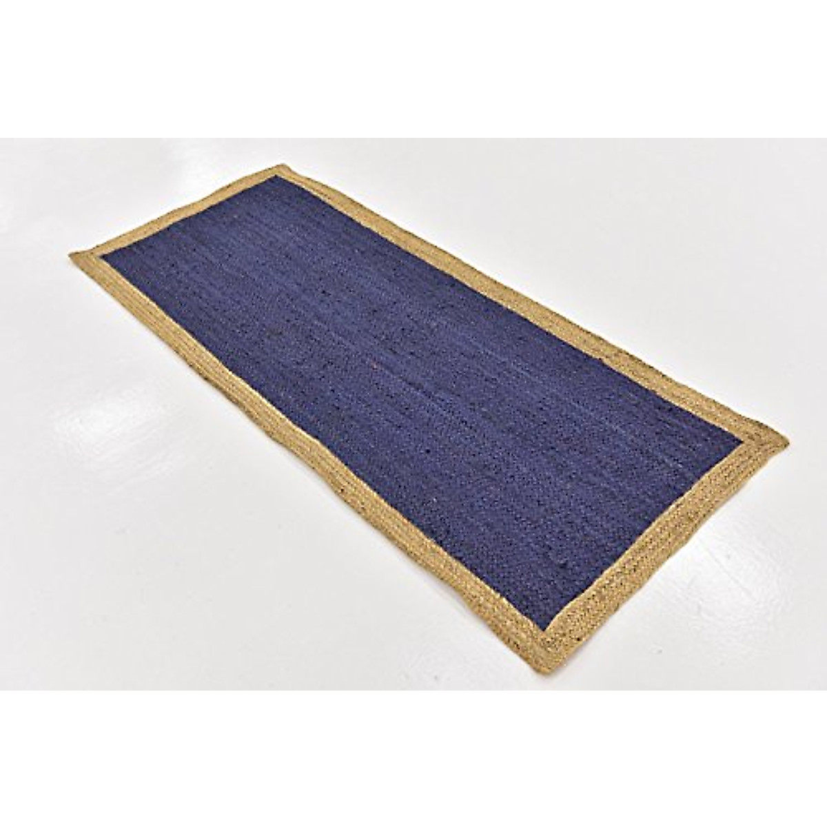 Unique Loom Braided Jute Collection Classic Quality Made Natural Hand Woven with Solid Color Detail, Area Rug, Runner 2' 6" x 6' 0", Navy Blue/Tan