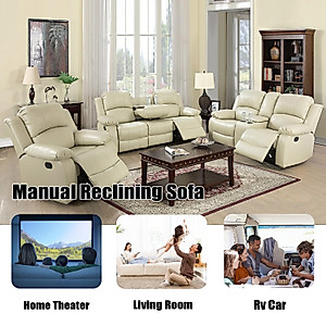 SIENWIEY Beige Leather Reclining Sofa Set for Living Room Set,Recliner Sofa and Loveseat Set/Recliner Sofa with Drop Down Table/Double Recliner Loveseat with Storage Console/Faux Leather
