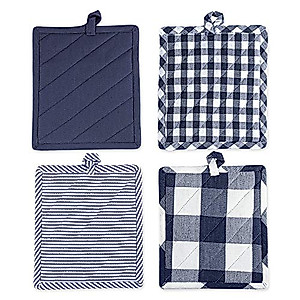 DII Gingham Check Kitchen Collection, Navy, Potholder Set