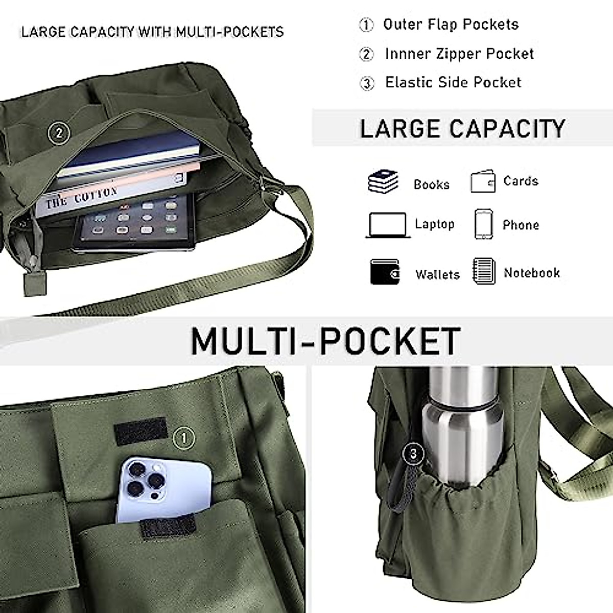 Canvas Messenger Bag Crossbody Shoulder Bag for Men and Women Vintage Tote Laptop Bag Large Hobo Bag with Multiple Pockets (Army Green)