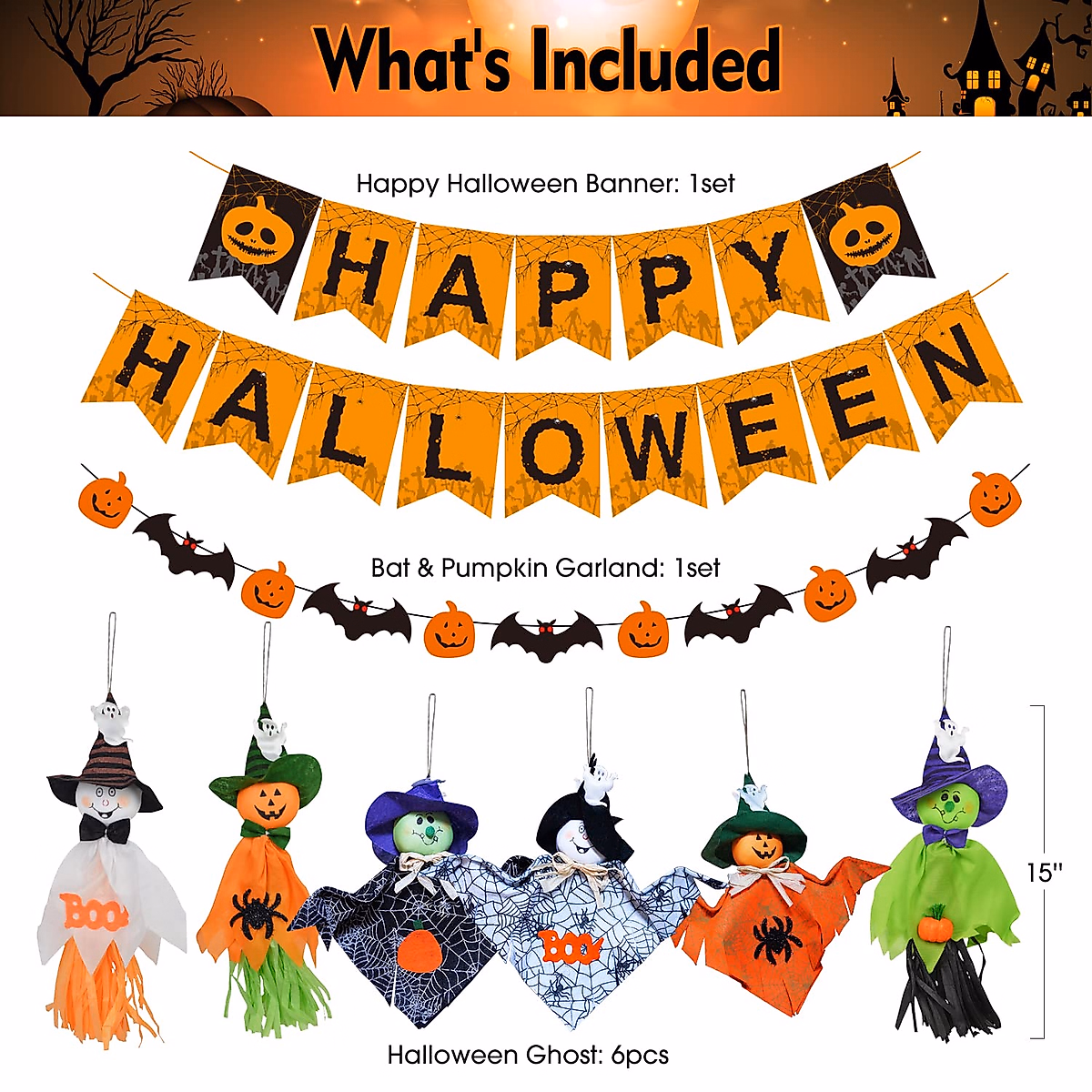 NAIWOXI Halloween Decorations for Kids or Adults - Halloween Hanging Ghost, Pumpkin Skeletons Swirls Hanging, Banner, Garland, Scary Photo Booth Props, Balloons, Confetti, 68 PCS Cute Halloween Party Decorations for Indoor outdoor