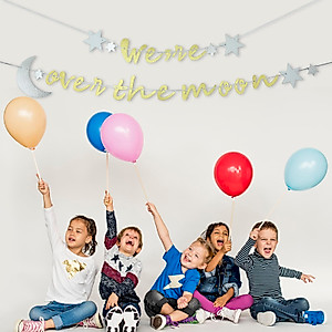 We’re Over The Moon Banner，Creative Alphabet Party Banner，Over The Moon Baby Shower Decoration，Golden Glitter Party Wall Decoration，Wedding Bridal Shower Baby Shower Anniversary Party Decorations
