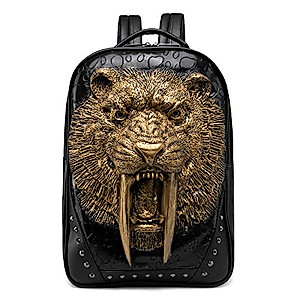 3D Animal Saber-toothed Tiger Backpack, Studded PU Leather Cool Laptop Backpack College Bookbag, Gold, Black