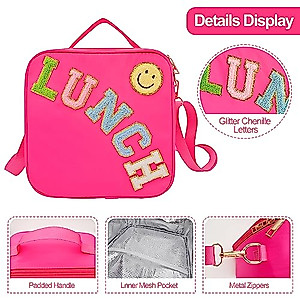 Insulated Lunch Bag With Adjustable Shoulder Strap, Nylon Preppy Lunch Box Large Insulated Lunch Bag Reusable Lunch Tote Bag with Smiley Preppy LunchBag for Girls School Travel Picnic (Pink)