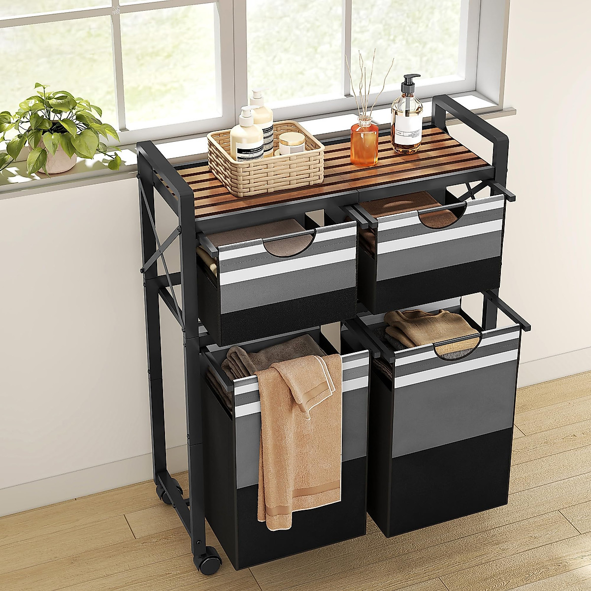 2 Tier Laundry Sorter with Shelf, 140L Laundry Sorter 4 Sections, Laundry Basket Organizer with Rolling Wheels, Grey Black