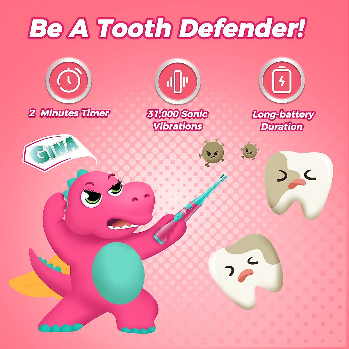 Papablic Dino Kids Rechargeable Electric Toothbrush for Ages 3+, Debby Bundle with Gina