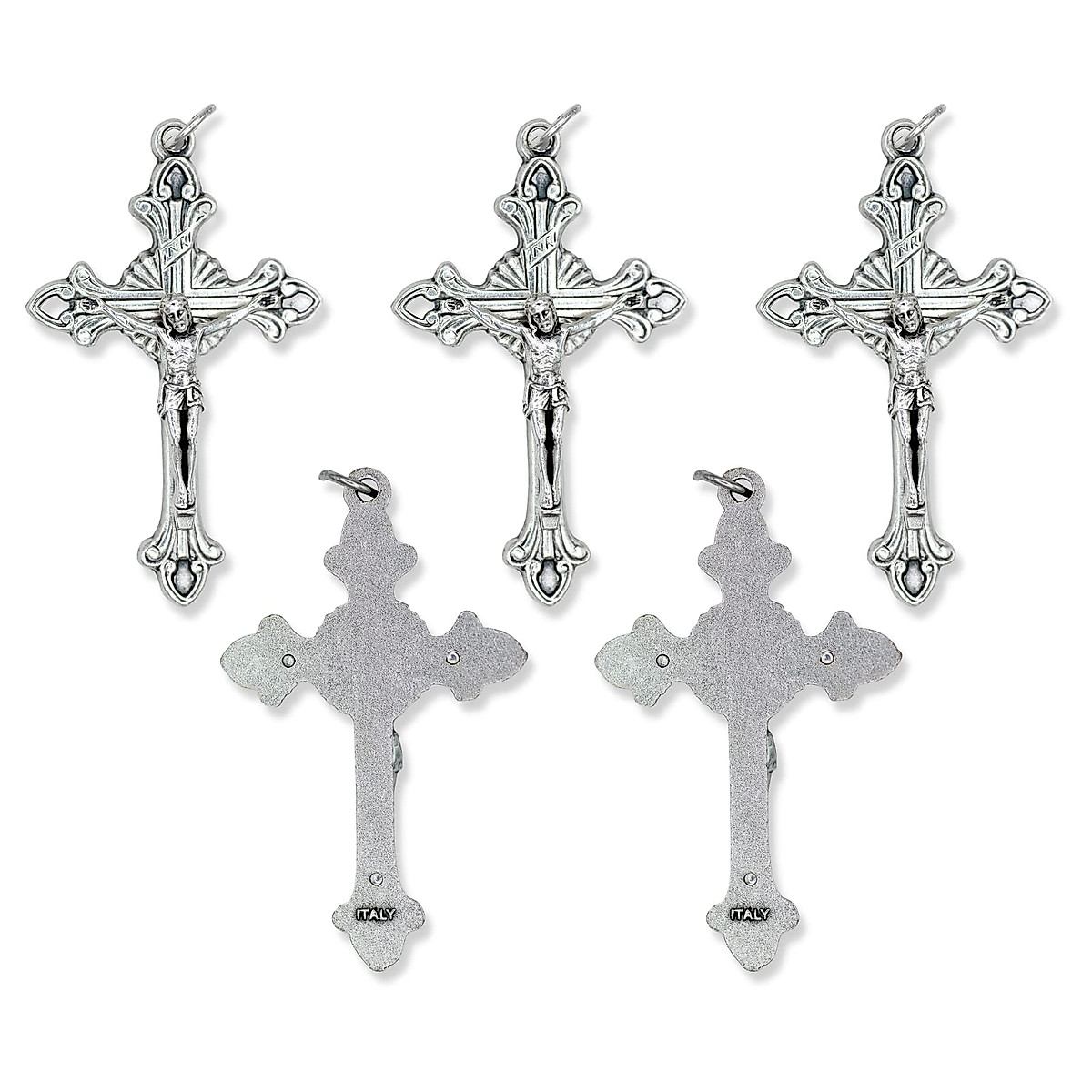 Bulk Pack of 5 - Large Flared Sunburst Fleur-De-Lis Crucifix Rosary Part - 2 1/8" Italian Silver Oxidized Finish Cross for Rosary Making Rosary Making Supplies, Made in Italy