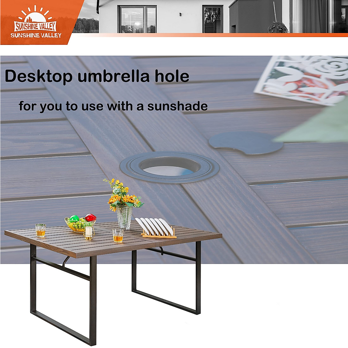 SUNSHINE VALLEY Patio Dining Table 63.8" x 38.2" x28.7" Rectangular Outdoor Dining Table with U-Shaped Legs,Steel Frame with 1.57" Umbrella Hole for Garden Backyard Lawn Yard Furniture.