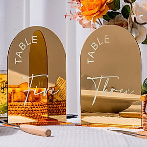 20 pcs Gold Mirror Wedding Table Numbers with Stands 1-20, 5x7 inch Acrylic Arch Signs and Holders, Table Number for Wedding Reception, Restaurant, Party, Event (Gold Mirror Table Number1-20, 5"x7")