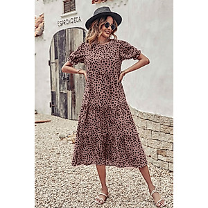 PRETTYGARDEN Women's Summer Casual Boho Dress Floral Print Ruffle Puff Short Sleeve Flowy Midi Beach Party Dresses (Pink,Large)