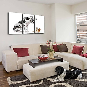 3 Piece Wall Art Painting On Canvas Great Dane sitting and looking at a Chihuahua in front of a white Gallery Wrapped Modern Artwork for Living Room Bedroom Décor Ready to Hang 20"x32"x3 Panel
