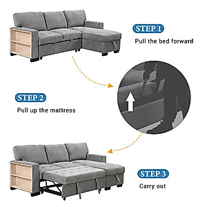 Polibi L-Shape Convertible Sofa with Storage Chaise, USB Charger, Cup Holders and Side Shelves, Velvet Multifunctional 3-Seat Couch, Pull-Out Sleeper Sofa Bed for Living Room, Bedroom, Grey