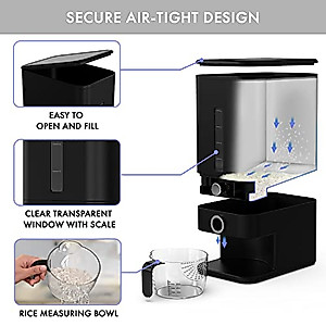 Retail Blade 25lb Rice Dispenser - Air Tight Grain & Rice Container With Easy To Use Dispensing, Measuring Cup, & Sponge - NEW Black Design Grain Storage Container