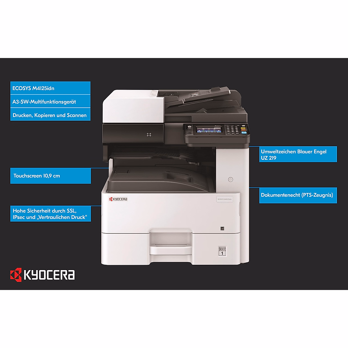 Kyocera 1102P22US0 Model ECOSYS M4125idn Monochrome A3 MFP Multi-Function Laser Printer (Print/Scan/Copy/Fax), 25 ppm B&W, Resolution 600 x 600 dpi Up To Fine 1200 x 1200 dpi, Duplex, HyPAS Capable