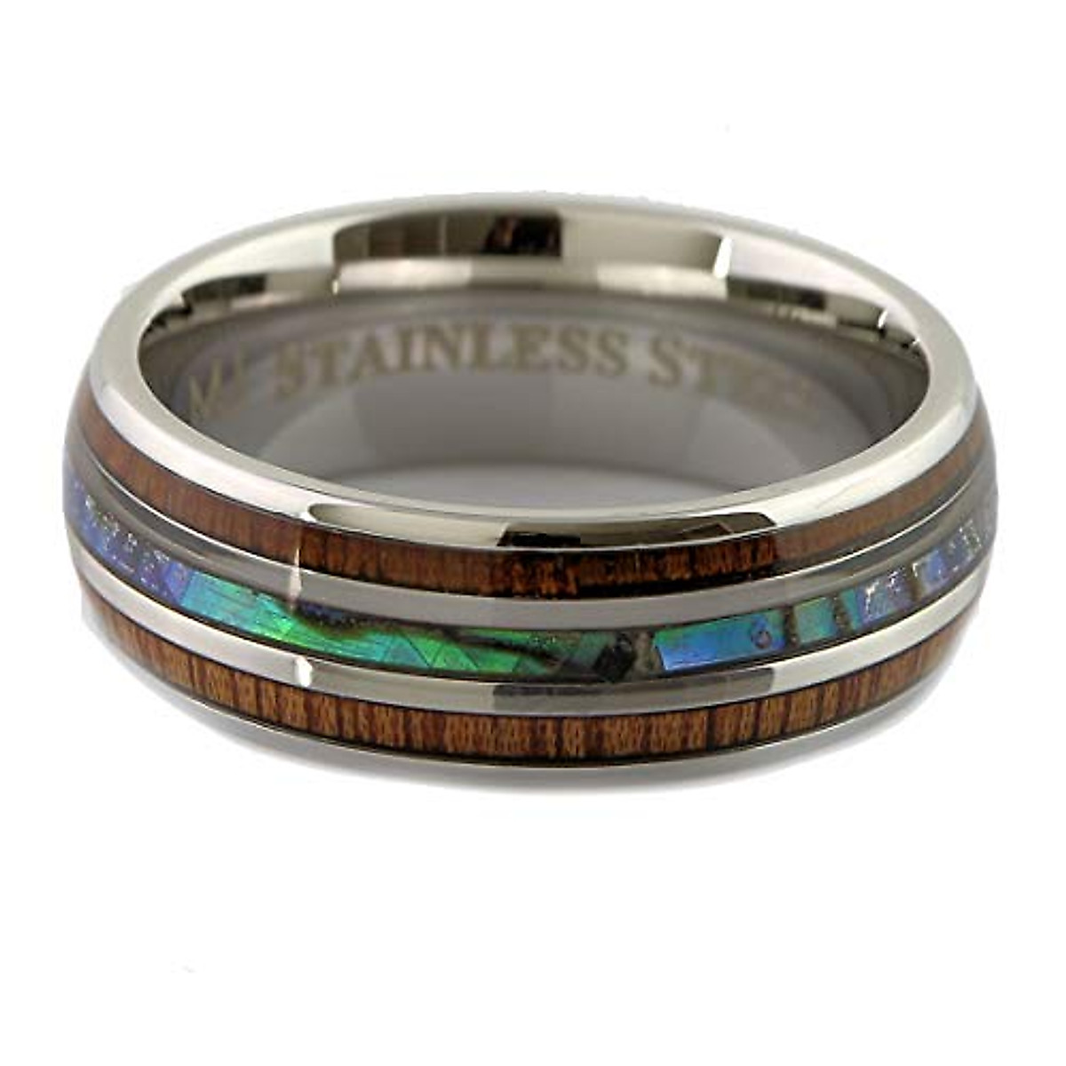 MJ Metals Jewelry Custom Engraved Stainless Steel 8mm Real Koa Wood and Abalone Inlay Ring Size 10.5