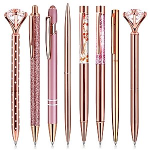 TIESOME 8pcs Rose Gold Ballpoint Pen Set, 1.0mm Liquid Sand Glitter Metal Crystal Diamond Pen Black Ink Smooth Writing Pens Gifts for School Office Desk Supplies