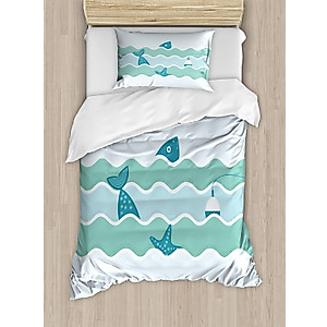 Ambesonne Fishing Duvet Cover Sets, Fish Tail and Starfish Swimming in Flat Waves Submarine Comical Illustration Nature, Bedding Set with 2 Duvet Covers & 4 Pillowcases, 2 Pack Queen Size, Pale Blue