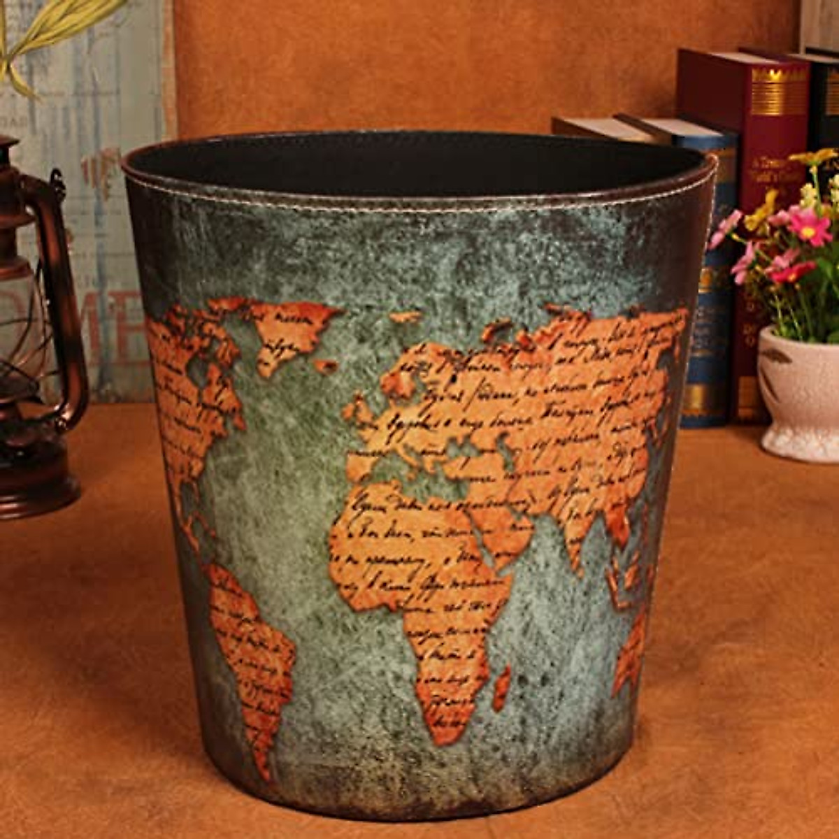DOITOOL Retro Decorative Trash Can PU Leather Wastebasket Without Lid Waterproof Wastebasket 10 L/ 2.6 Gallon Capacity for Kitchen, Office, Living Room, Bedroom (Map)