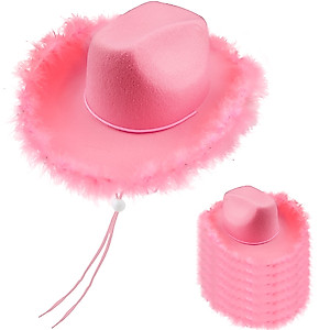 Rcanedny 8 Pack Cowboy Hats Feather Western Cowgirl Hats with Adjustable Neck Draw String for Women Adults Birthday Halloween Cowboy Party Pack (Pink)